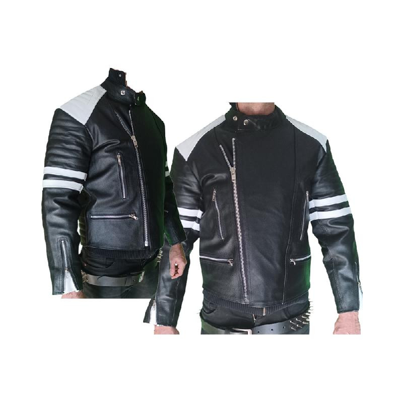 Black leather jacket white stripes